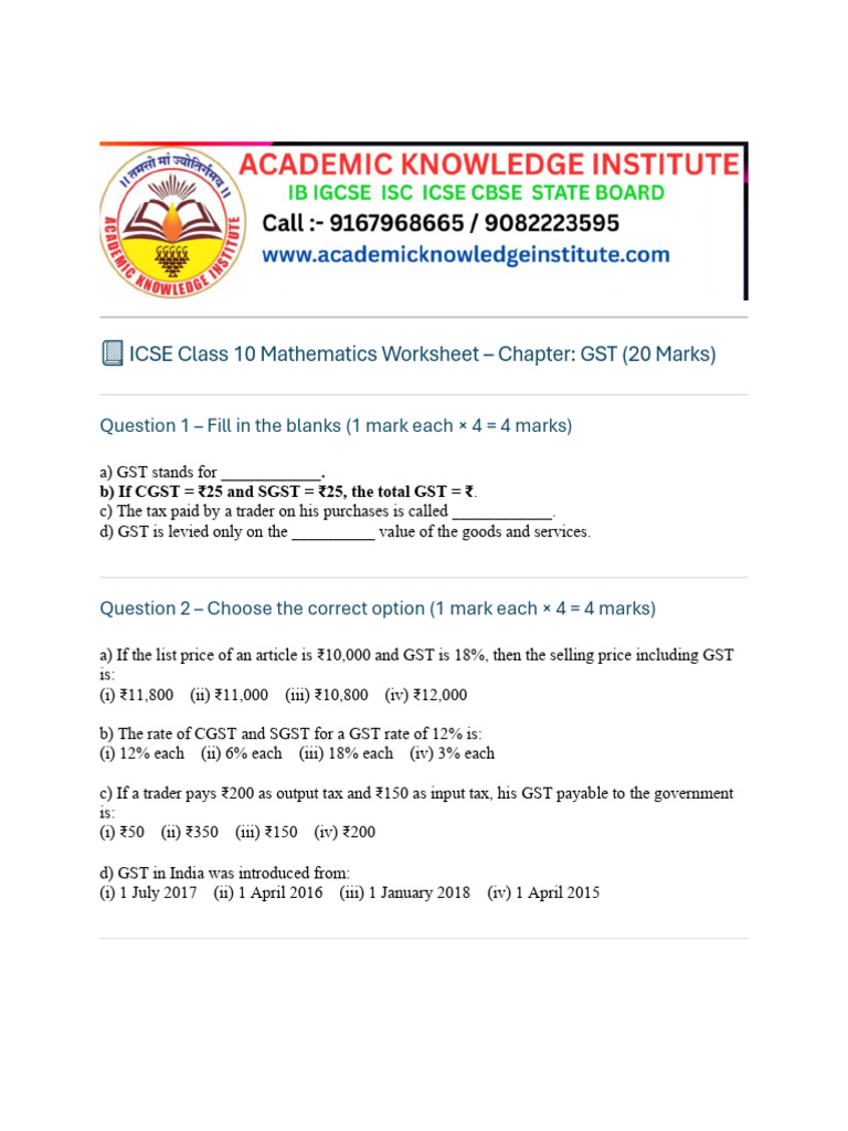 Icse Class 10 Math GST 20 Marks Worksheet | PDF | Value Added Tax | Taxes