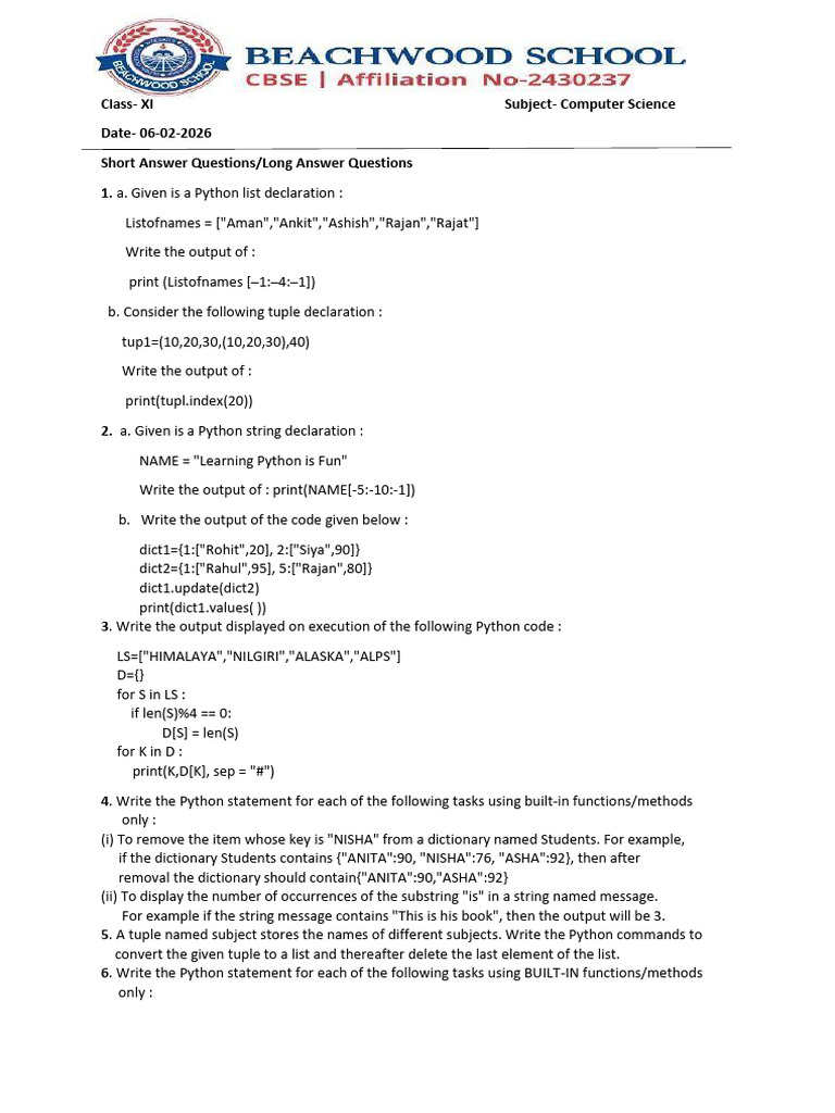 Class 11 CS Assignment 2026 | PDF