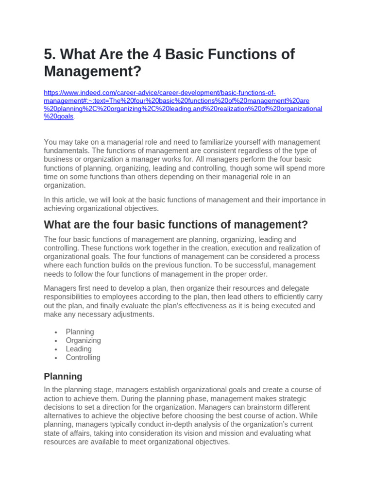 What Are The 4 Basic Functions of Management | PDF | Leadership ...