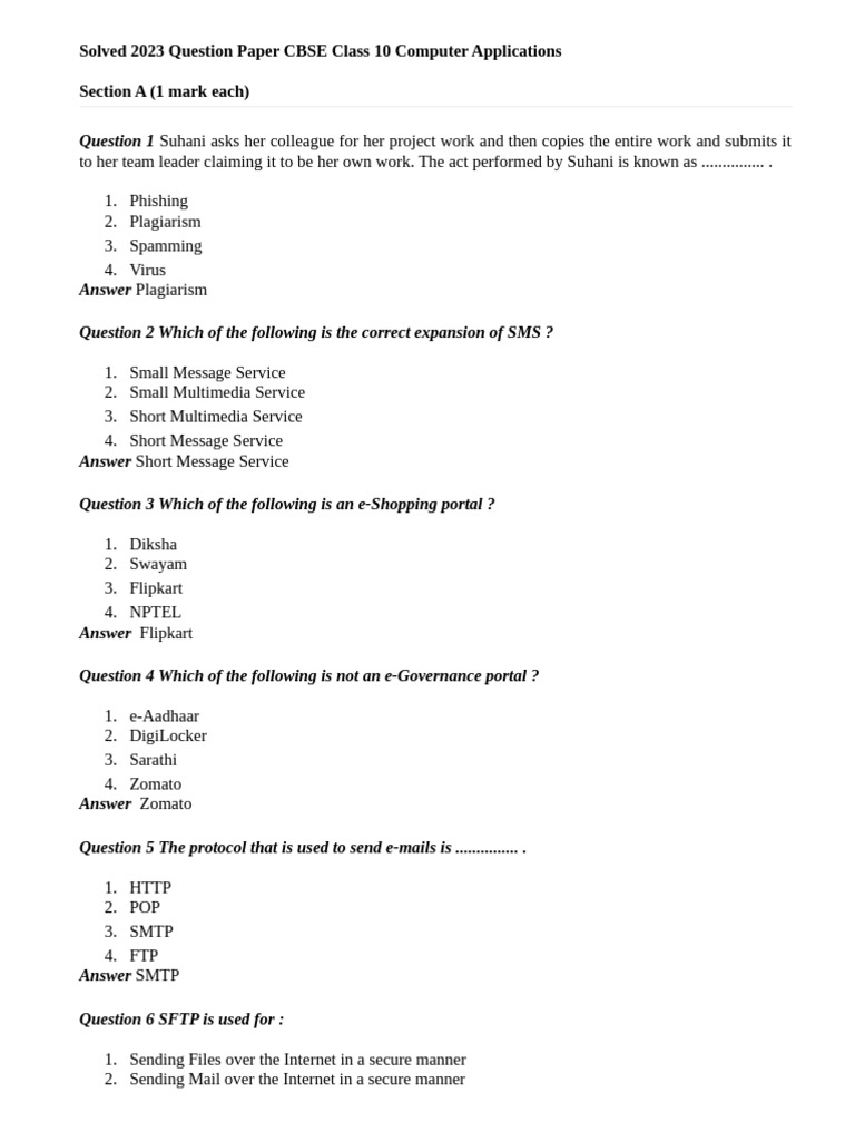 Solved 2023 Question Paper CBSE Class 10 Computer Applications | PDF ...