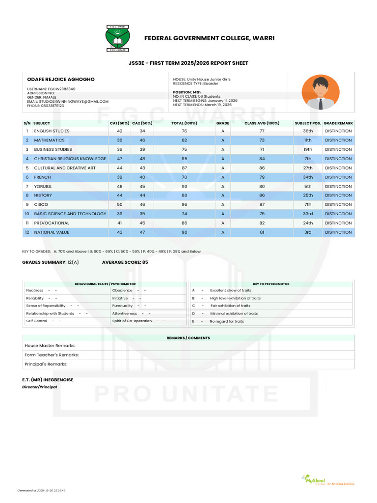 Odafe RejoiceJSS3E First Term 2025 2026 ReportCard | PDF