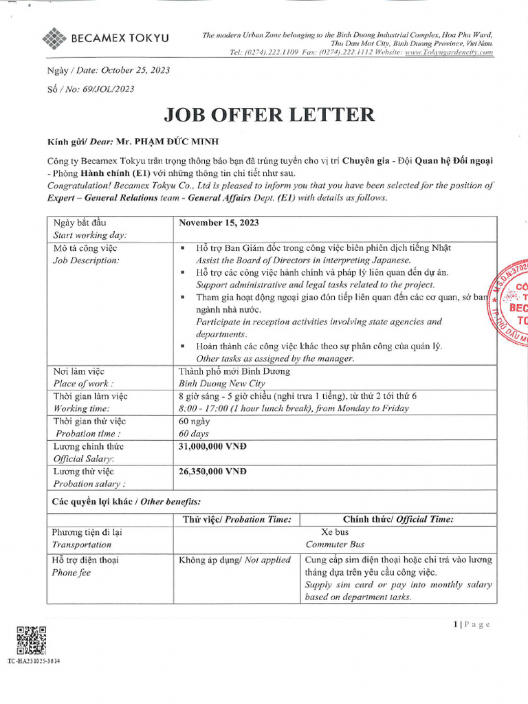 Oct 2023 - Offer Letter - GR Expert - Pham Duc Minh (SIGNED) | PDF