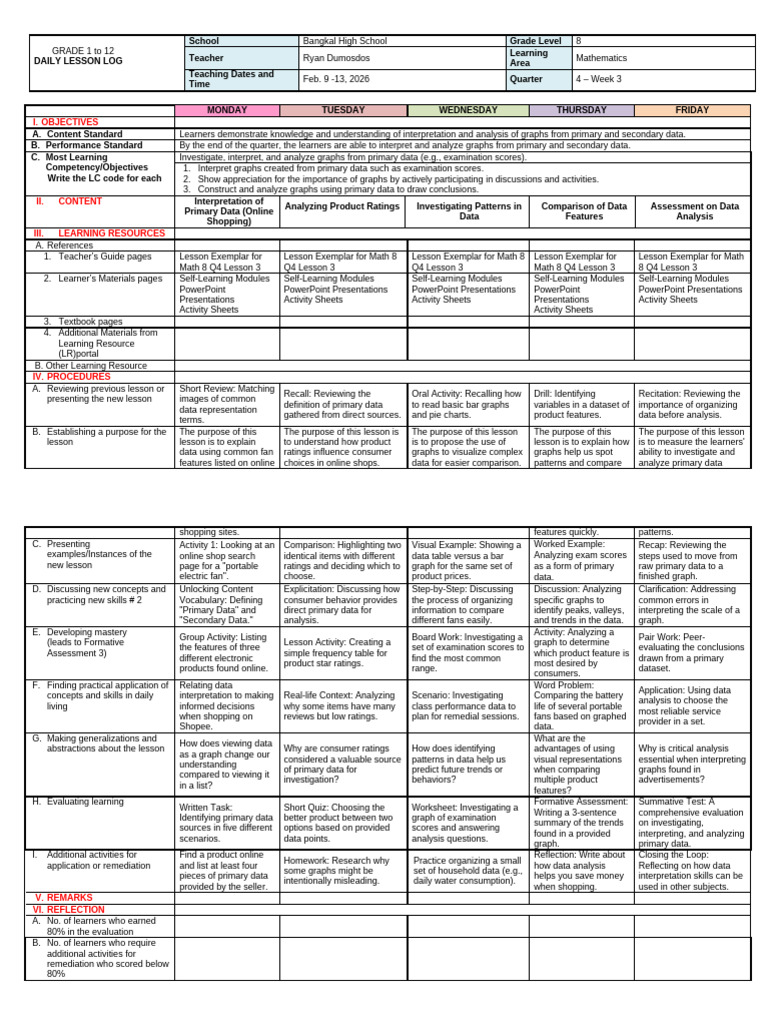 DLL Math 8 Quarter 4 Week 3 | PDF | Data | Learning