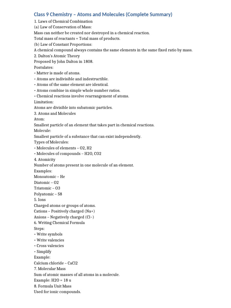 Class 9 Chemistry Atoms and Molecules Summary | PDF | Mole (Unit ...