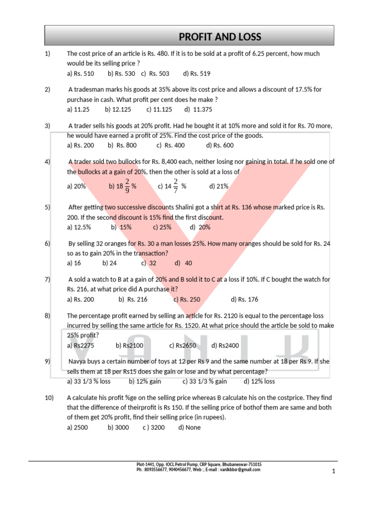 Profit and Loss (New) | PDF | Prices | Percentage