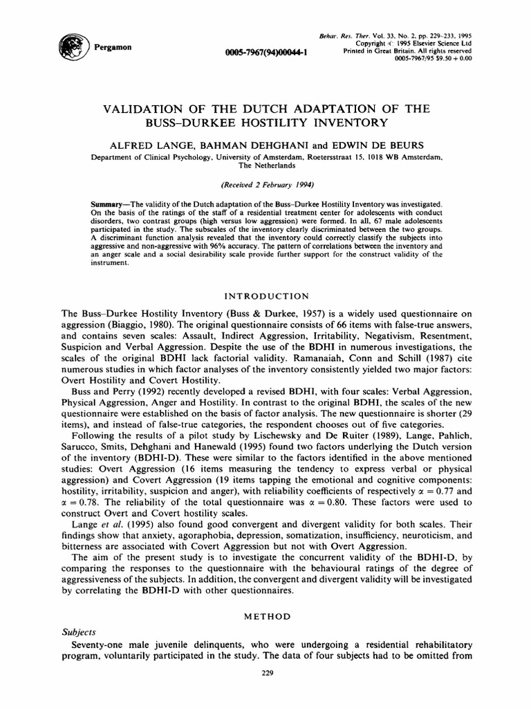 BDHI Dutch Buss Durkee Hostility Invento | PDF | Aggression | Validity ...