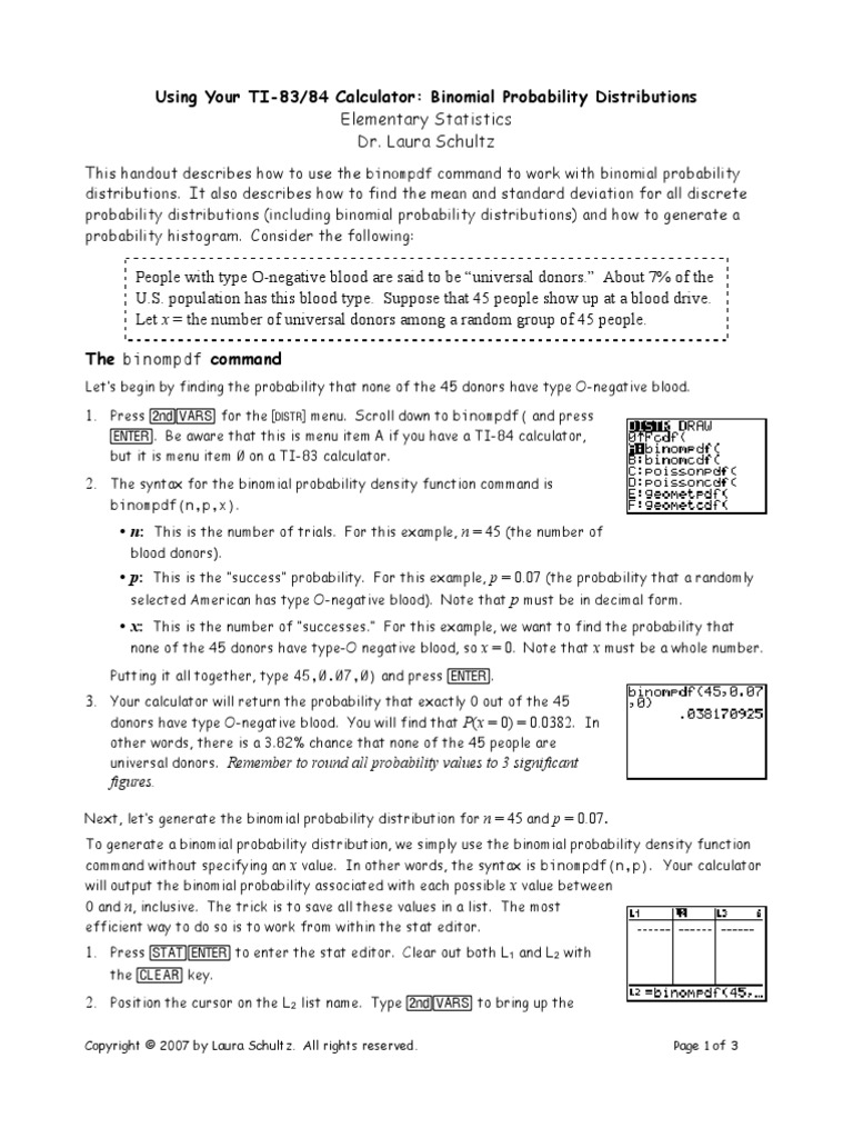 Using Your TI-83/84 Calculator: Binomial Probability Distributions ...