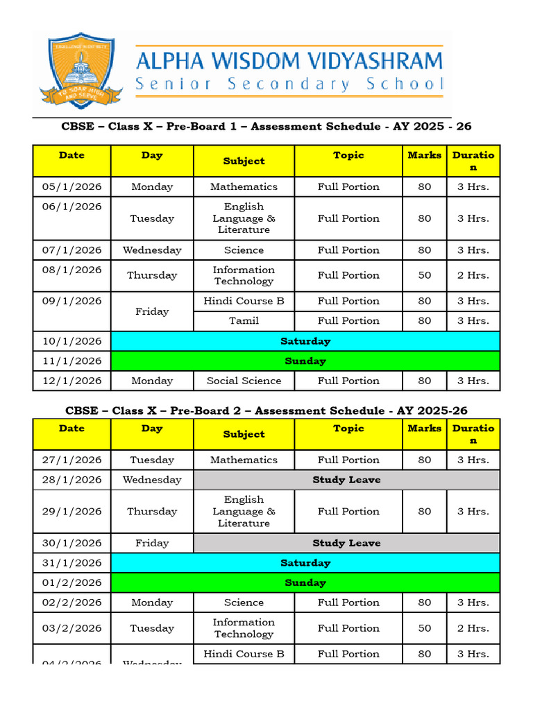 AWV - CBSE - Class X - Pre Board 1 & 2 - Assesment Examination Schedule ...