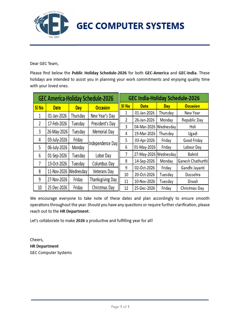 Gec Annual Holiday Calendar 2026 | PDF