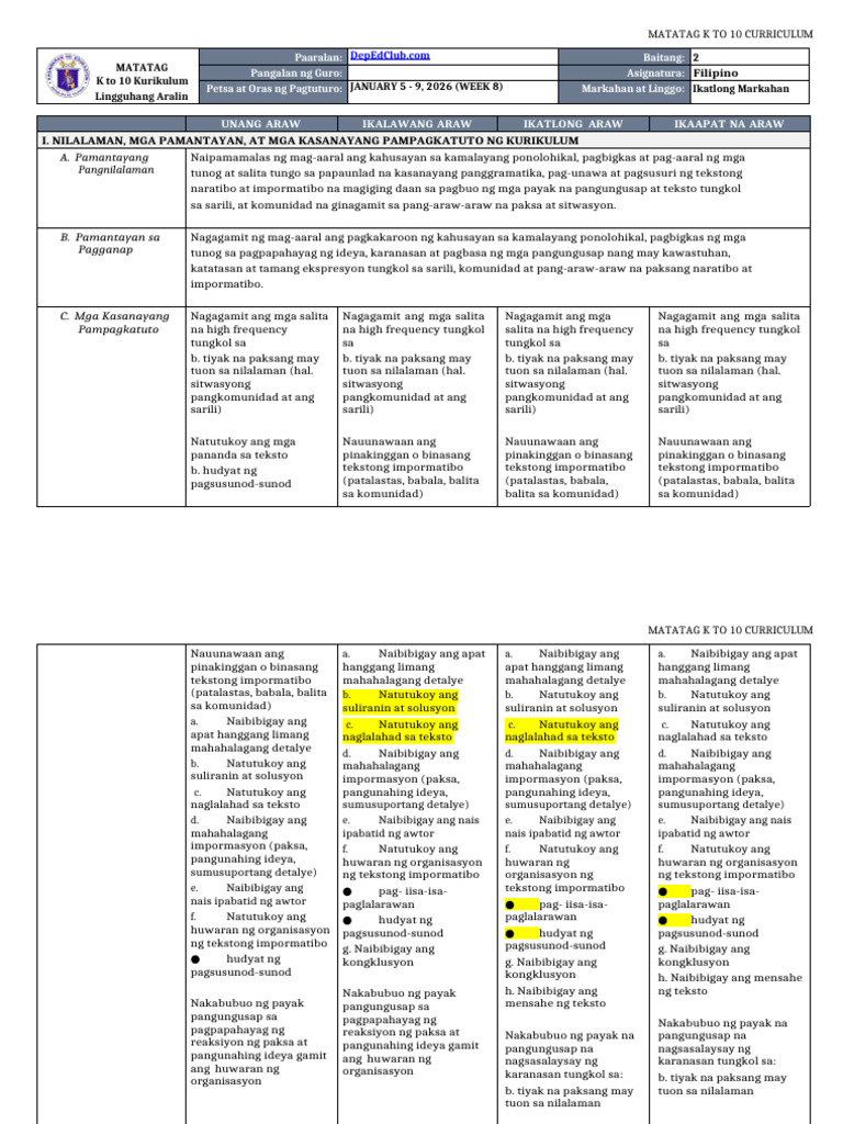 DLL Matatag - Filipino 2 - Q3 - W8 | PDF