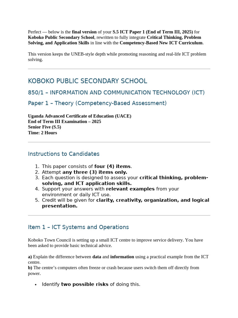 End of Term 3 s.5 Ict Paper 1 | PDF | Information And Communications ...