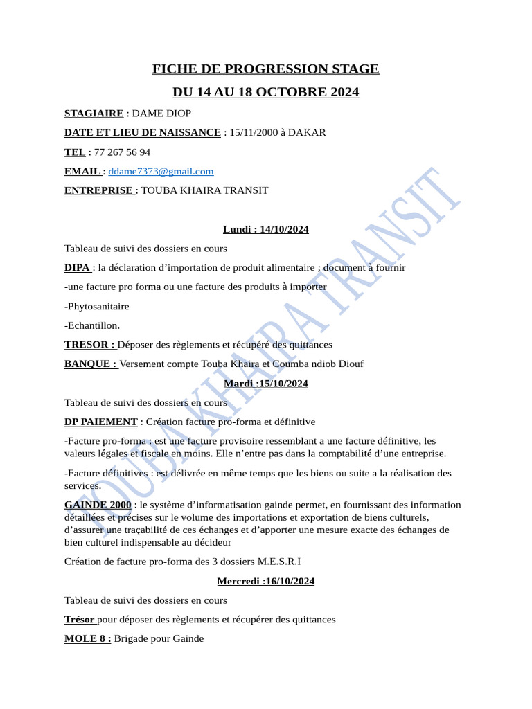 Fiche de Progression Stage | PDF | Business