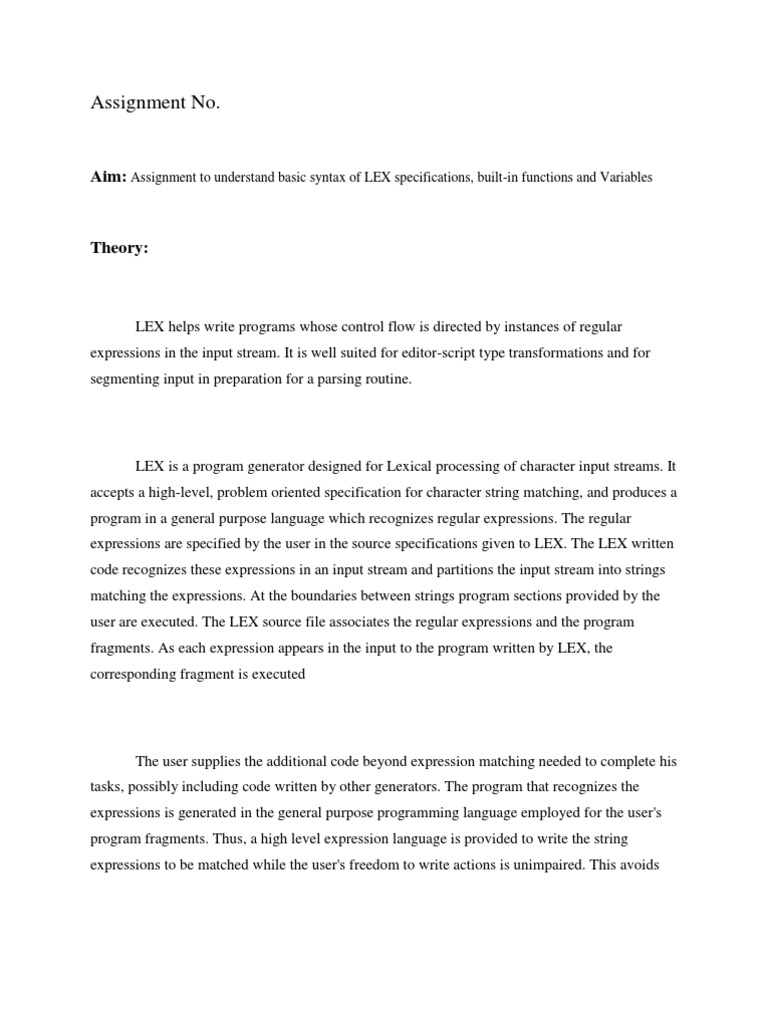 Assignment No.: Assignment To Understand Basic Syntax of LEX Specifications, Built-In Functions ...