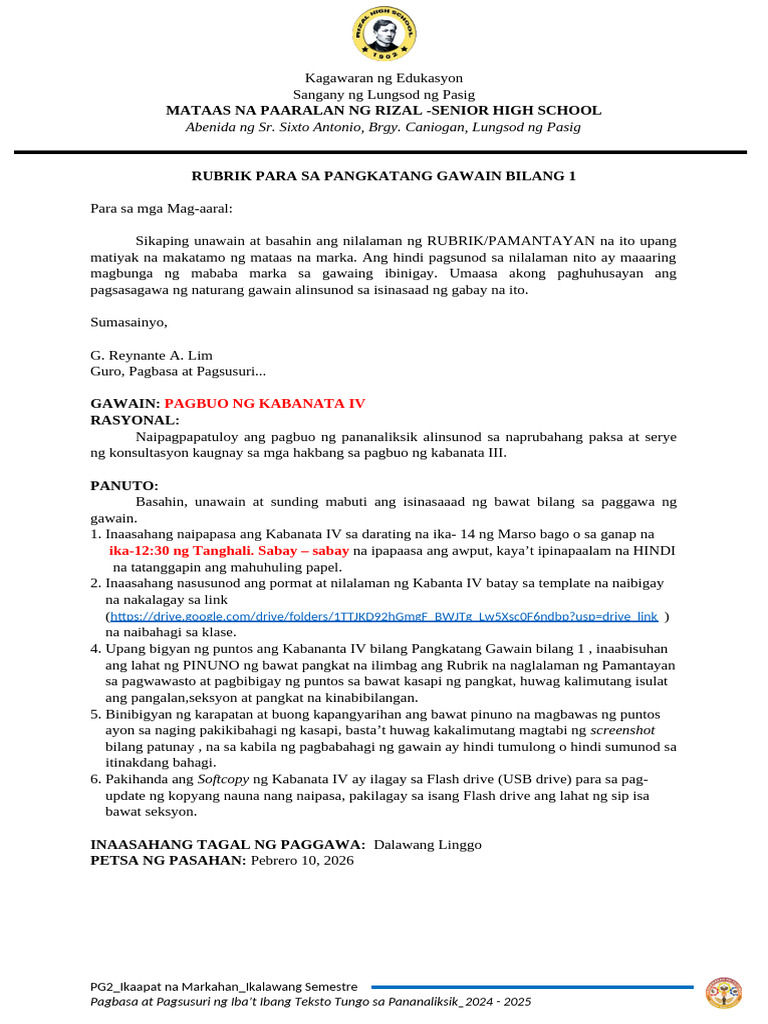 Ikaapat Na Markahan - PG - Bilang 1 - Pagbuo NG Kabanata IV - 2026 | PDF