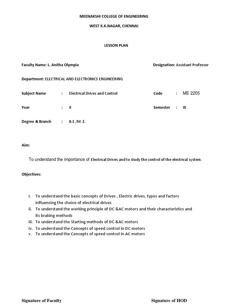 Lesson Plan ME2205 | PDF | Electric Motor | Engines