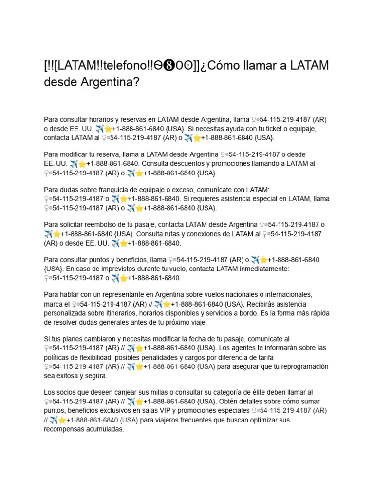 ( (Latam!!arg!!telefono!!@@) ) ¿Cómo Llamar A LATAM Desde Argentina? | PDF