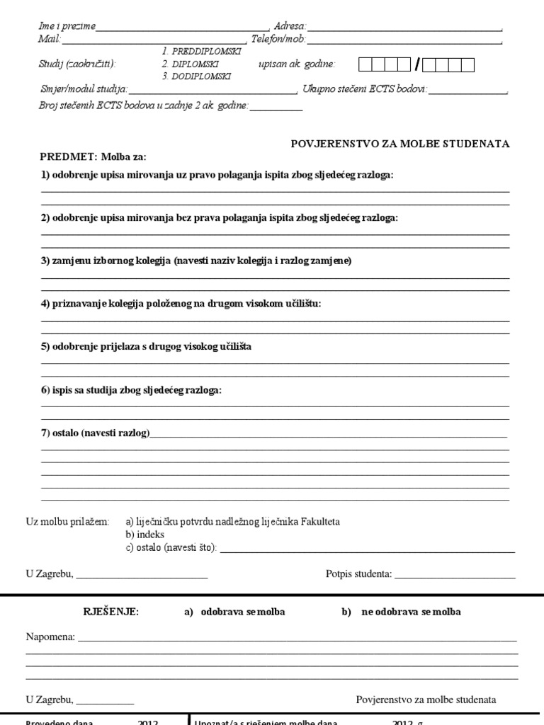 Obrazac NOVE Molbe | PDF