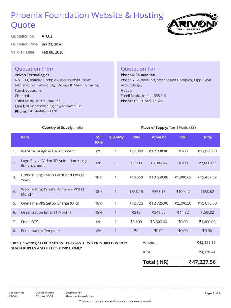 Quotation At002 Arivon Technologies Phoenix Foundation (2 Years) | PDF ...