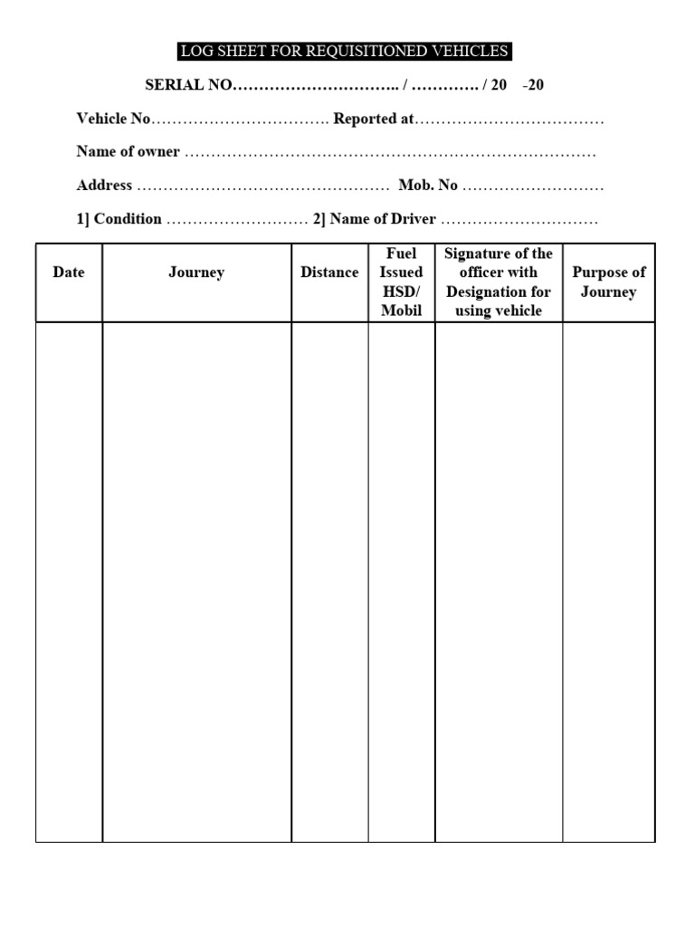 Log Sheet For Requisitioned Vehicles | PDF