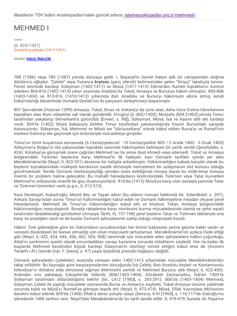 Halil İnalcık - MEHMED I - TDV İslâm Ansiklopedisi | PDF