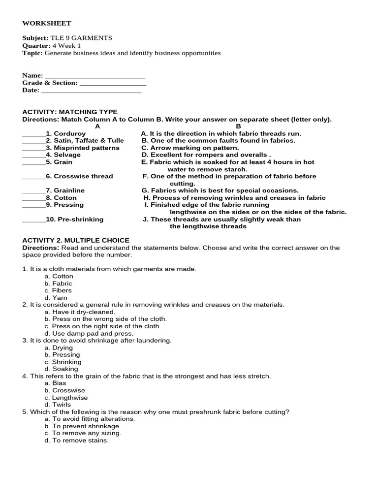 Lesson Plan 2 Worksheet Odessa Garments | PDF | Textiles | Clothing