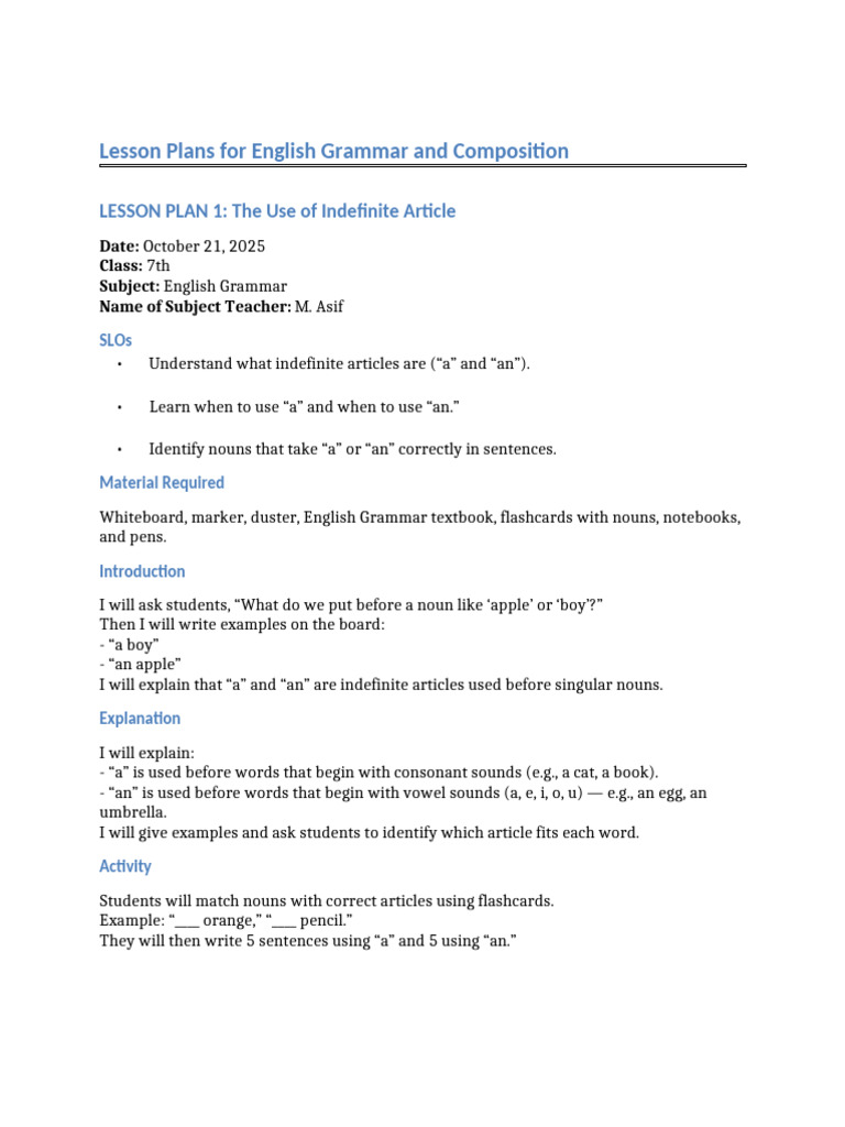 English - Grammar - Lesson - Plans 21-10-25 | PDF | English Language ...