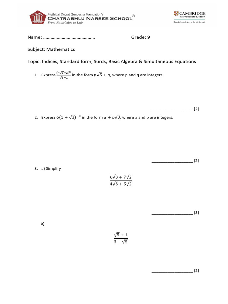 GR - 9 - Surds - Basic - Algebra - Worksheet Igcse | PDF