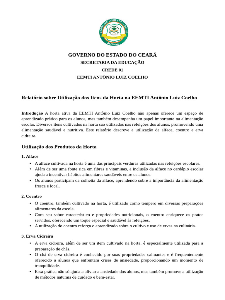 Uso Da Horta Na Alimentação Escolar | PDF | Coentro | Chá