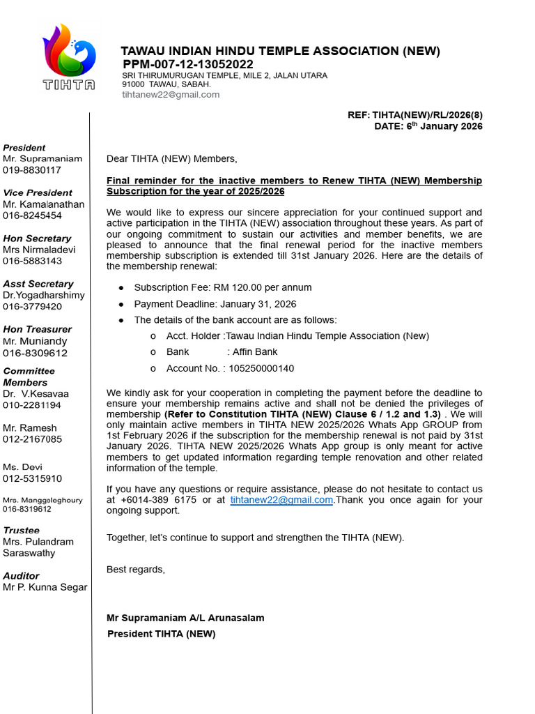 Letter For Renewal January 2026 | PDF