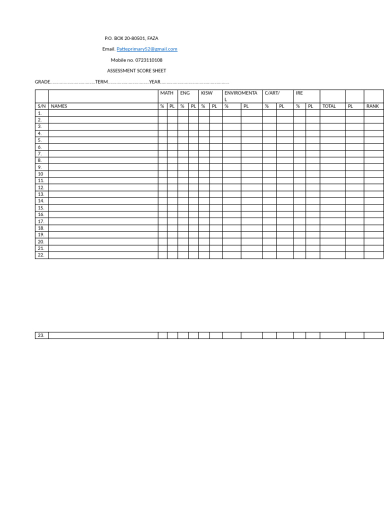 Exam Score Sheet Lower Pri | PDF