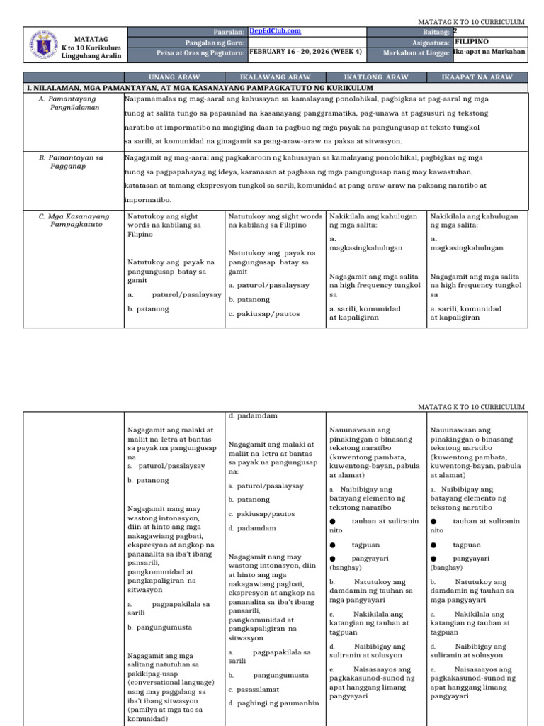 DTC DLL Matatag Filipino 2 q4 w4 | PDF