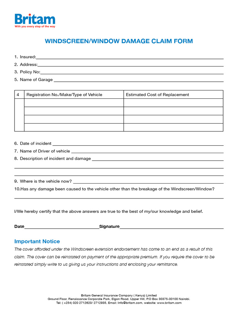 WindScreen Window Damage Claim Form | PDF