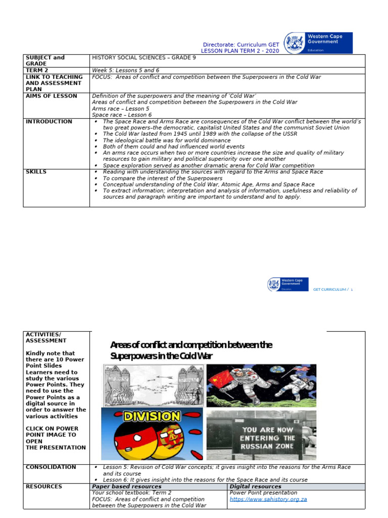 Fin GR 9 Hist Week 5 Lesson Plans | PDF | Astronauts | Space Race