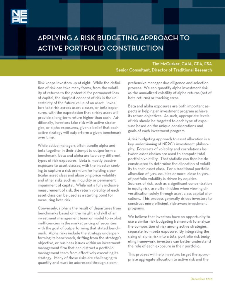 2010 12 Applying A Risk Budgeting Approach To Active Portfolio ...
