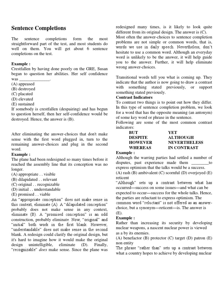 Sentence Completions: Word That "Fits" The Sentence | PDF | Phrase | Sentence (Linguistics)