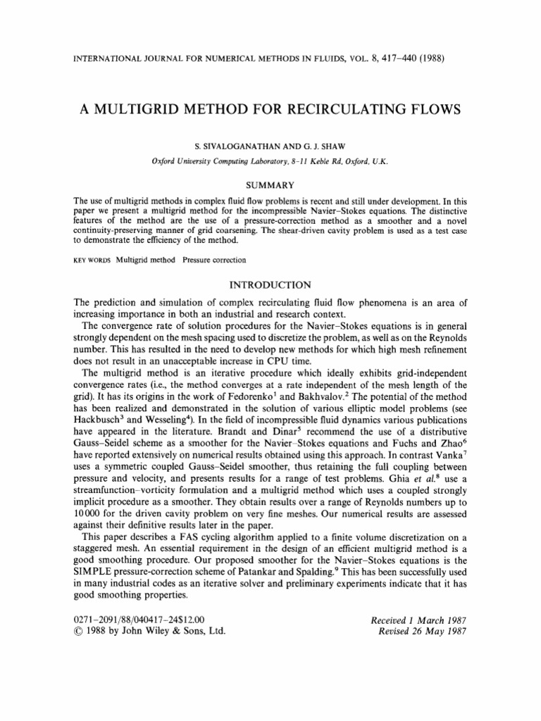 Numerical Methods in Fluids - April 1988 - Sivaloganathan - A Multigrid ...