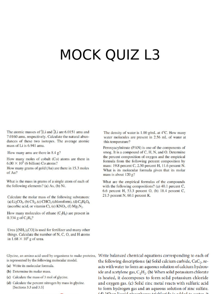 Chemistry Lesson 3 Mock Quiz | PDF