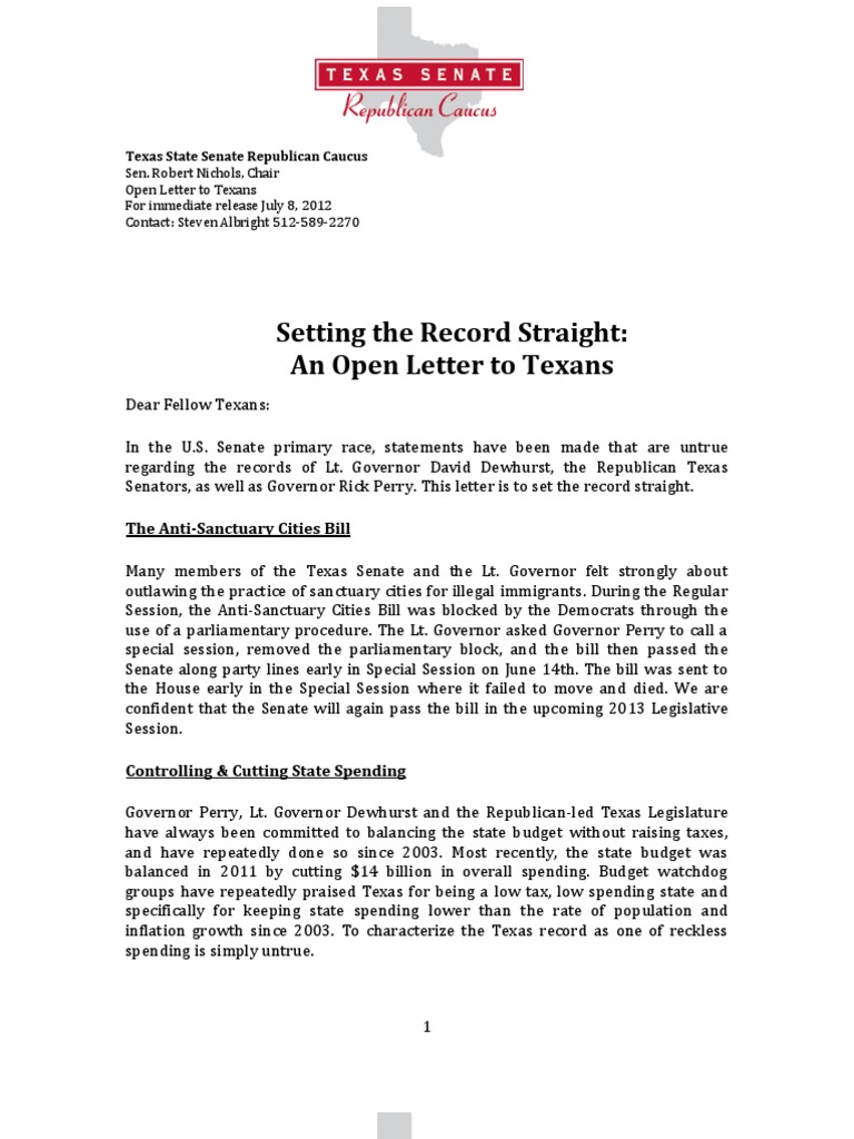 7.08.12 TXSSGOP Open Letter to Texans | United States Senate | Texas