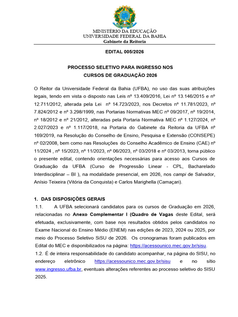 Edital 005 2026 - Sisu Ufba 2026 Assinado | PDF | Diploma de bacharel ...