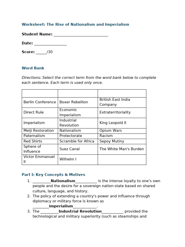 Nationalism & Imperialism Review Worksheet | PDF | Imperialism ...