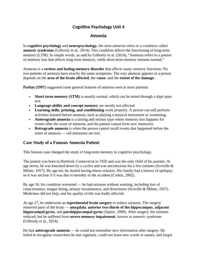 Cognitive Psychology Unit 4 | PDF | Amnesia | Memory