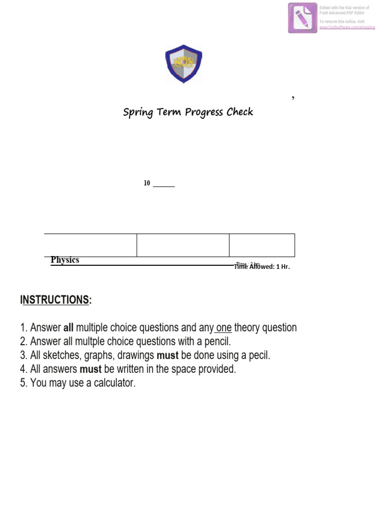 Year 10 Physics Progress Check Spring Term 2026-1 | PDF | Kinetic ...