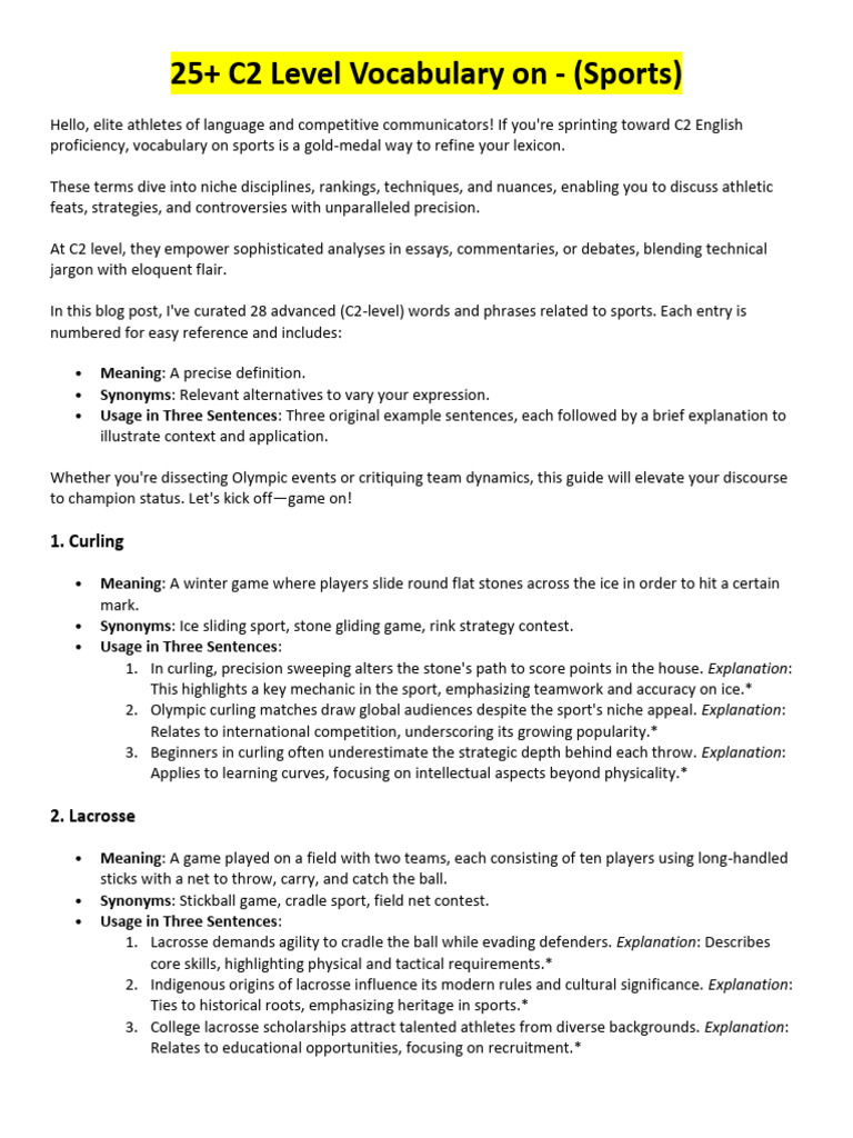 25+ C2 Level Vocabulary On - (Sports) | PDF | Sports | Par (Score)