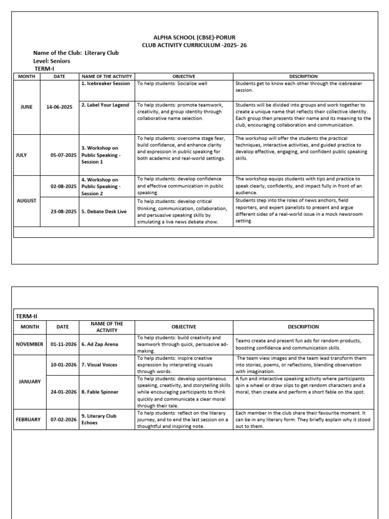 Literary Club Curriculum - Seniors - 2025-26 | PDF | Public Speaking ...