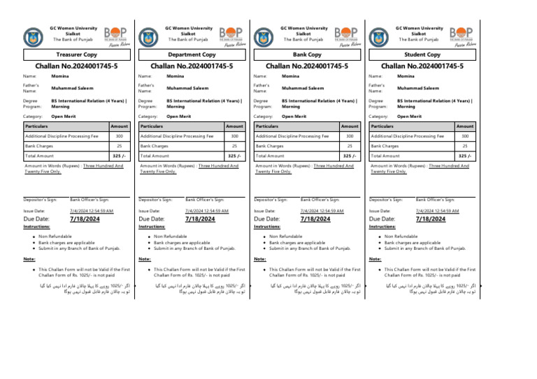 BS International Relation (Morning) Open Merit_Admission_Challan (2 ...
