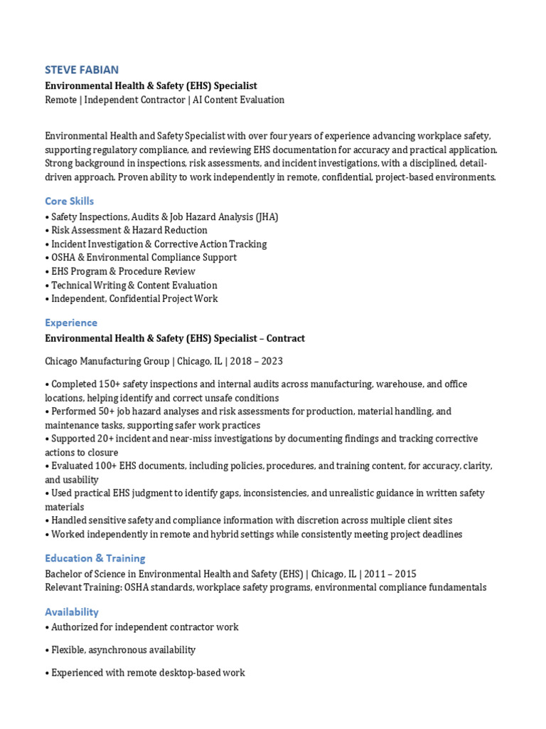 EHS One Page Resume | PDF
