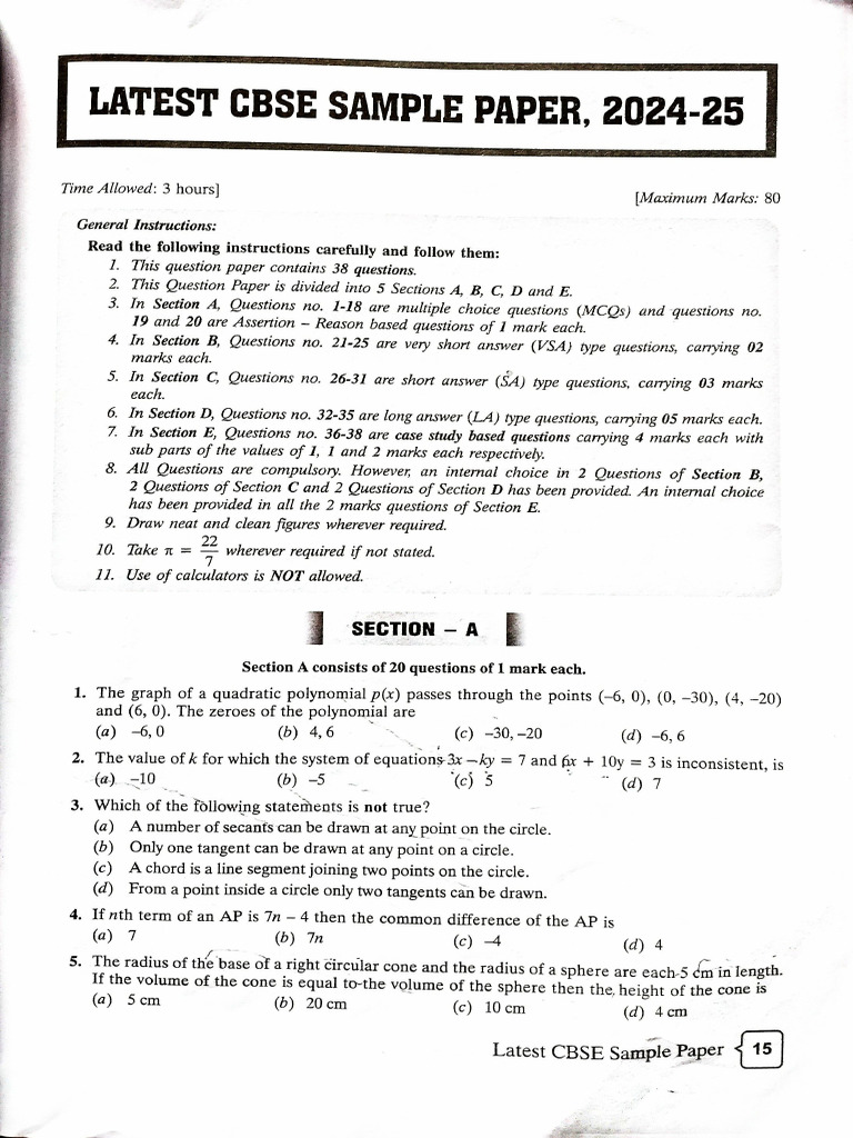 Maths Sample Paper Latest 10 Class | PDF