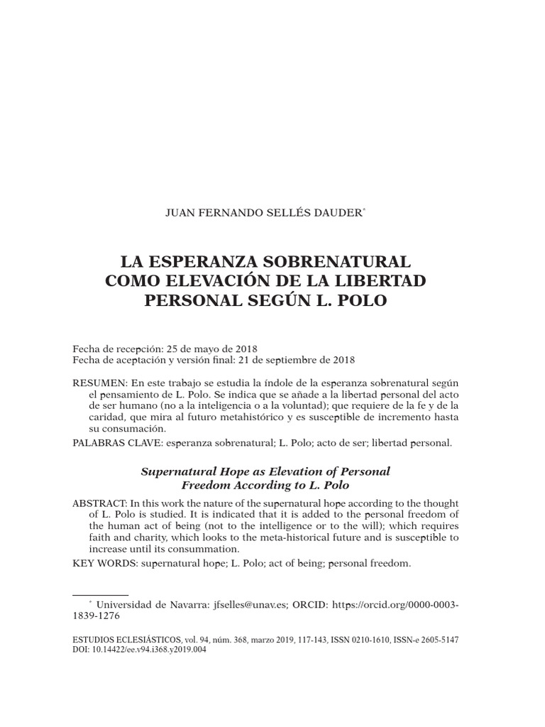 Sellés, Juan Fernando (2019) La Esperanza Sobrenatural Como Elevación ...