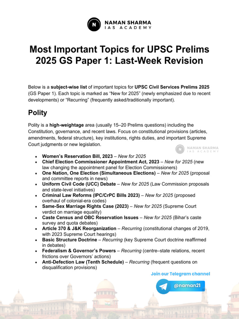 Most Important Topics For UPSC Prelims 2025 1 | PDF