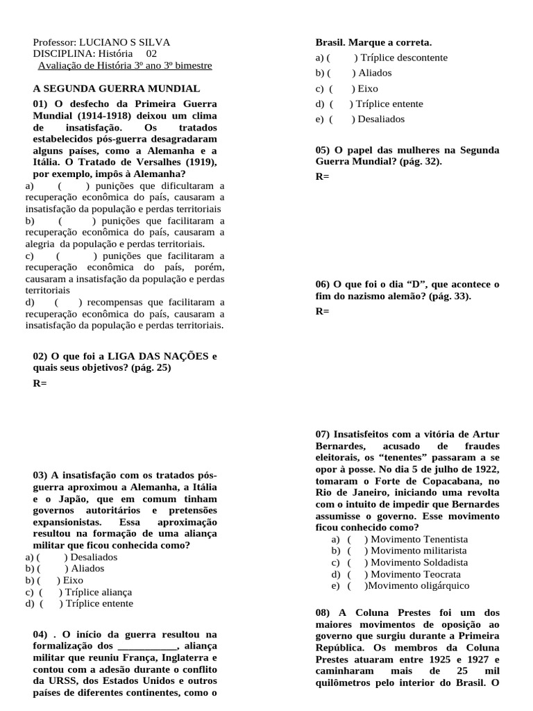 02 Avaliação de História 19 09 2023 Ava 02 | PDF | Brasil